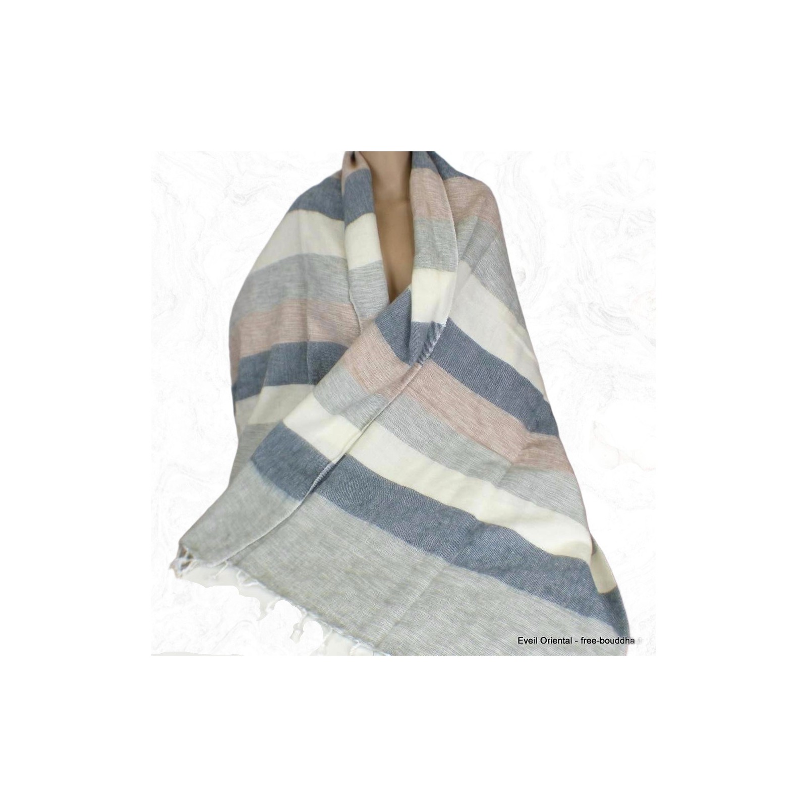 Châle népalais rayures bleu gris réversible artisanal – Made in Nepal