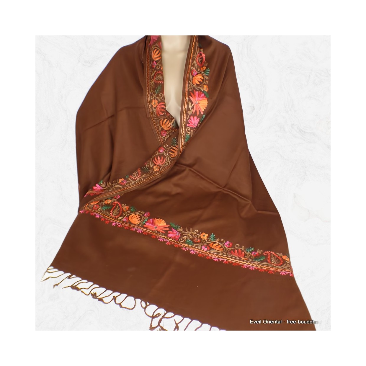 Châle femme laine marron chocolat brodé main motif floral