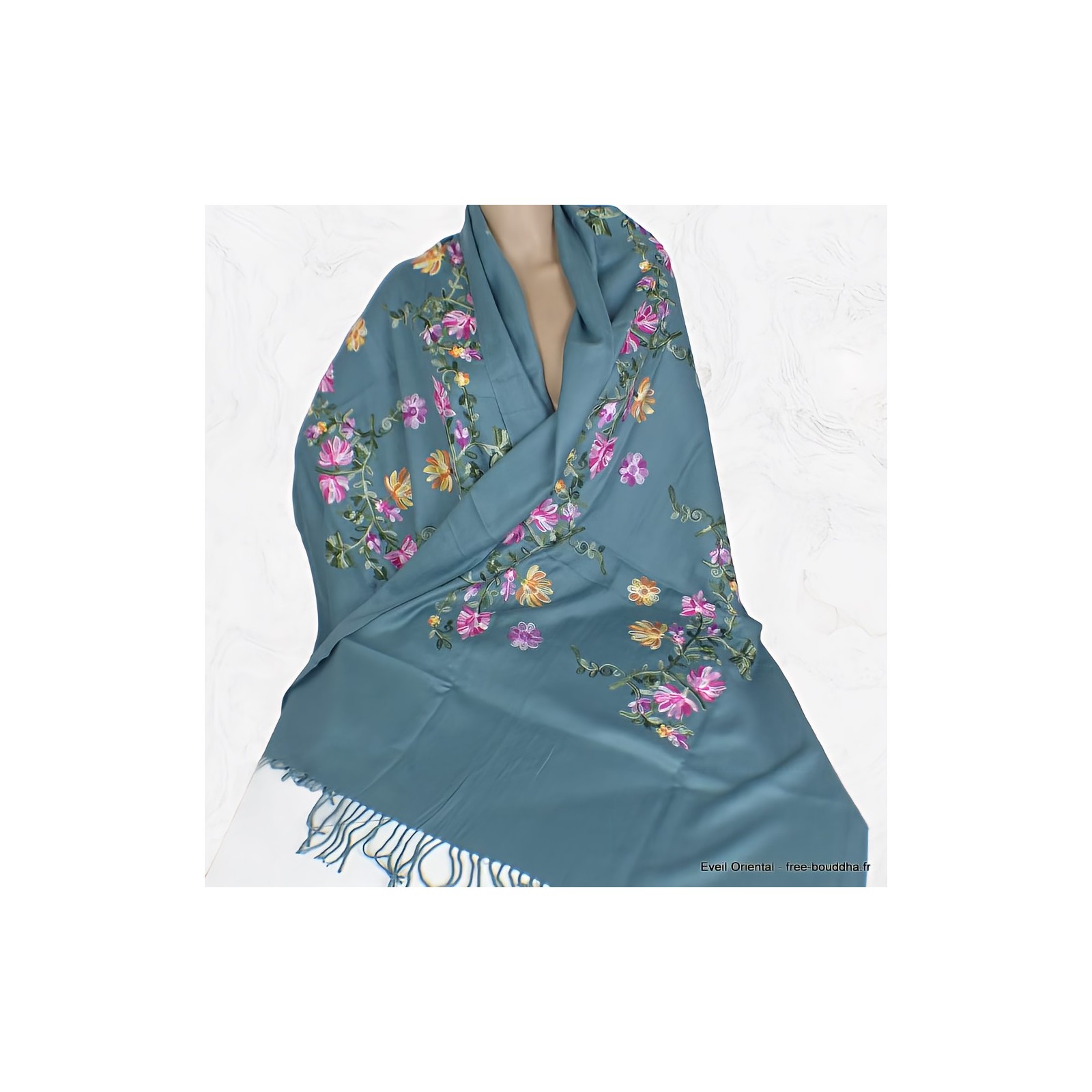 Châle ethnique vert blue stone brodé fleurs – Laine et acrylique