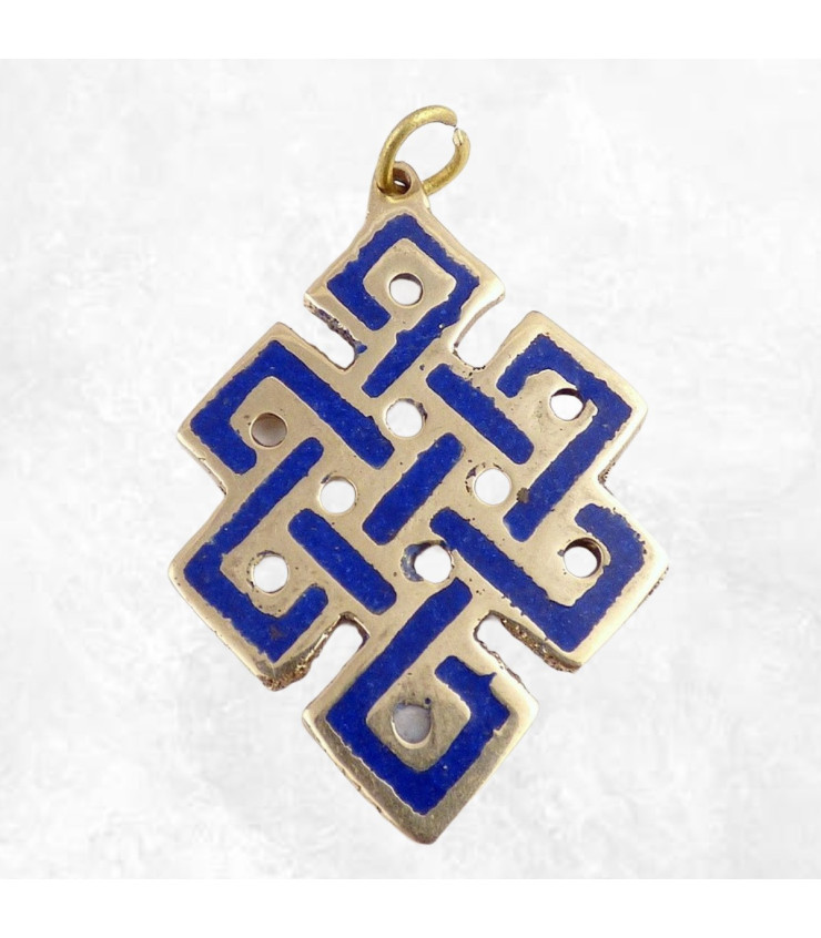 Pendentif tibétain Nœud infini – Lapis lazuli & métal du Népal